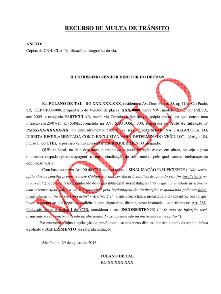 Modelo Recurso Multa | PDF | Tráfego | Justiça