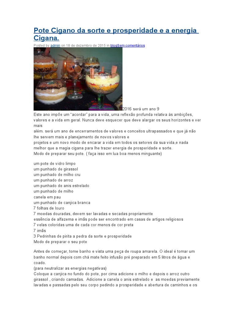Pote Cigano: Sorte e Prosperidade | PDF | Milho | Mel