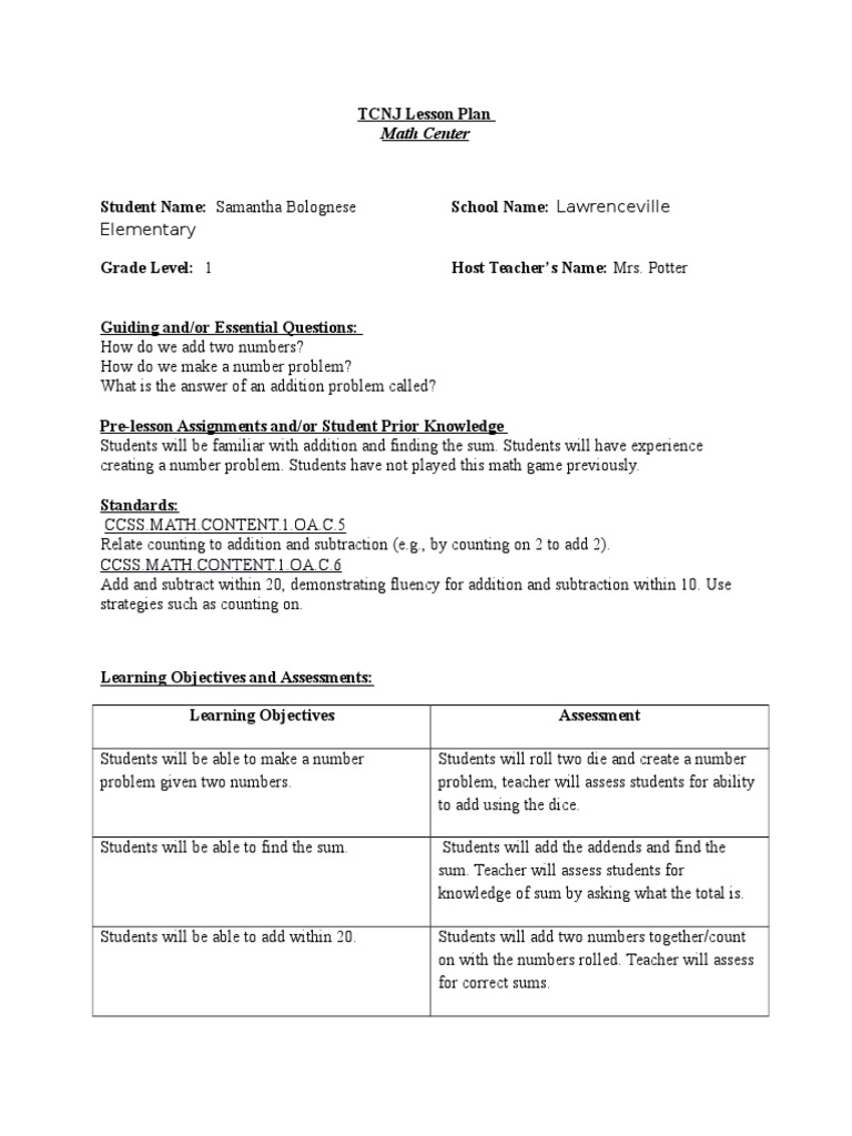 Grade 1 Math Addition Lesson Plan | PDF | Dice | Lesson Plan