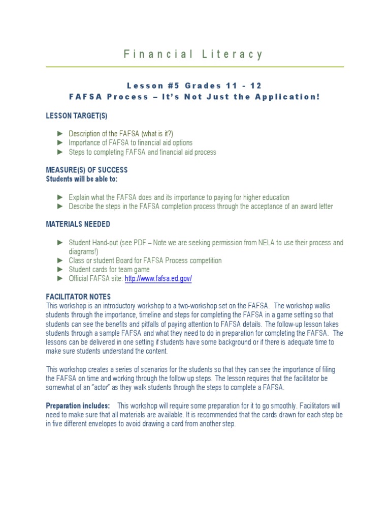 FAFSA. Lesson Plan | PDF | Student Financial Aid In The United States ...