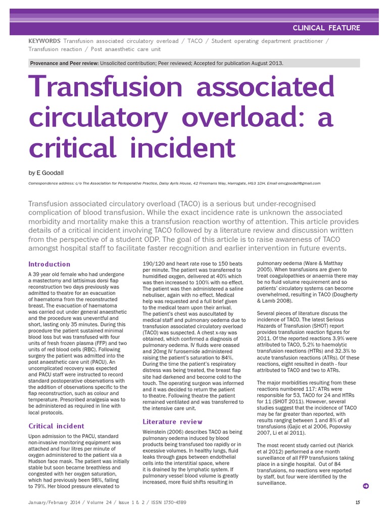 Transfusion Associated Circulatory Overload Taco Emma Goodhall | PDF ...