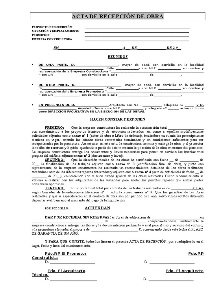 Modelo Acta Recepcion de Obra | PDF