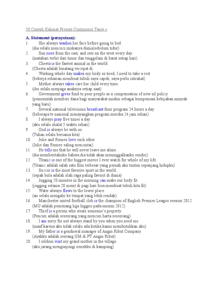 50 Contoh Kalimat Present Continuous Tense | PDF