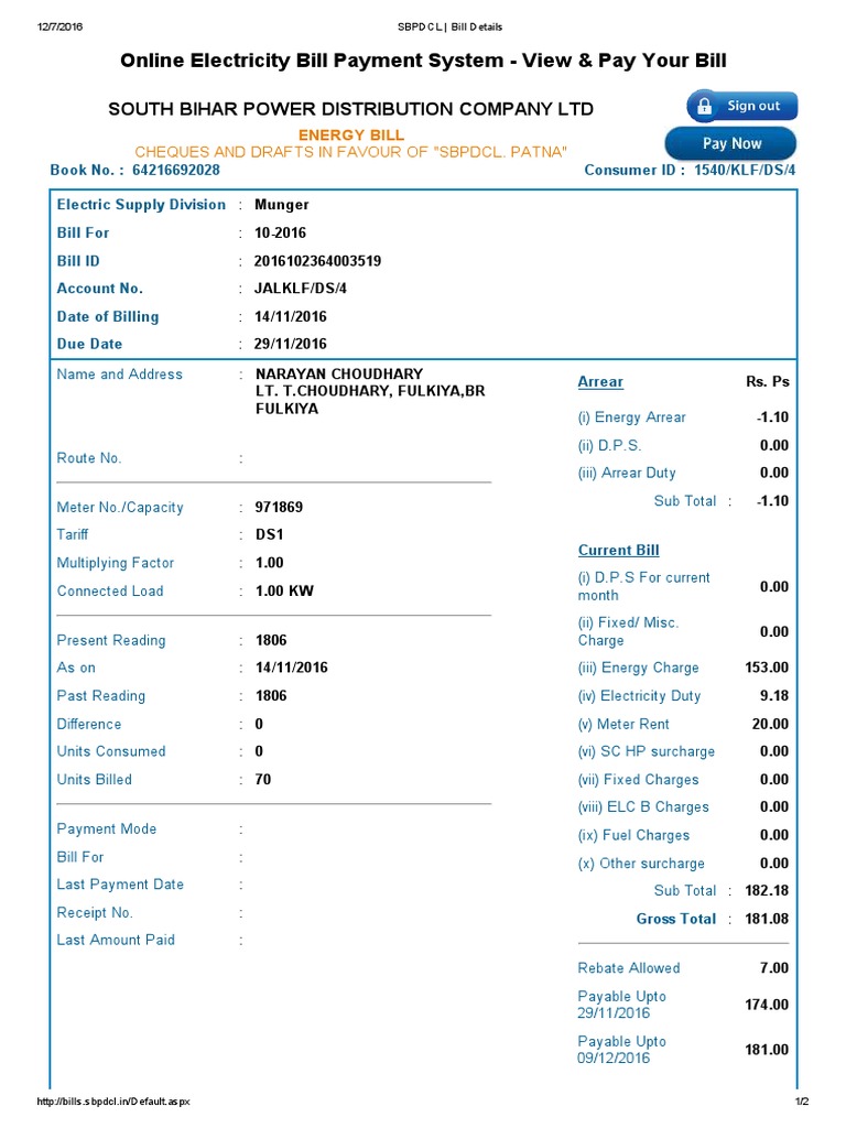 SBPDCL - Bill Details | PDF
