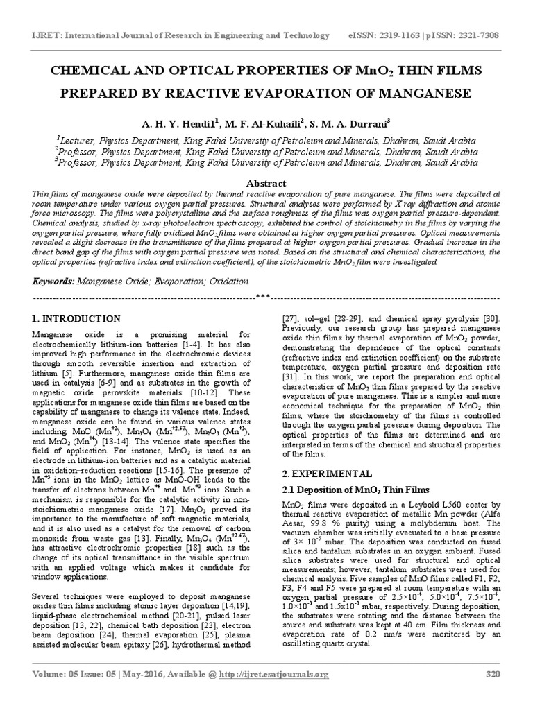 Chemical and Optical Properties of Mno2 Thin Films Prepared by Reactive ...