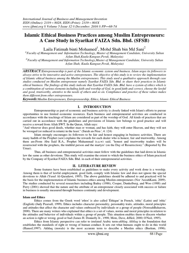 Islamic Ethical Business Practices Among Muslim Entrepreneurs: A Case ...