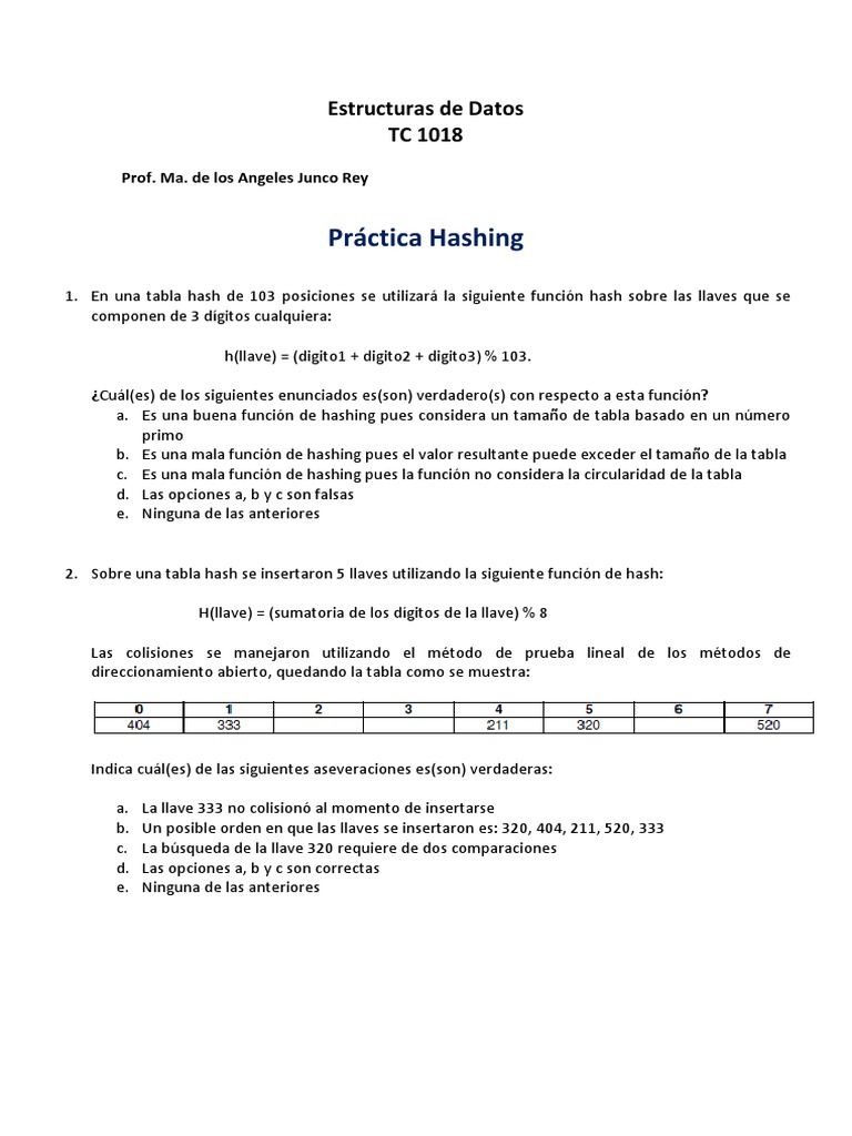 Hashing Exercises | PDF | Tabla (base de datos) | Conceptos matemáticos