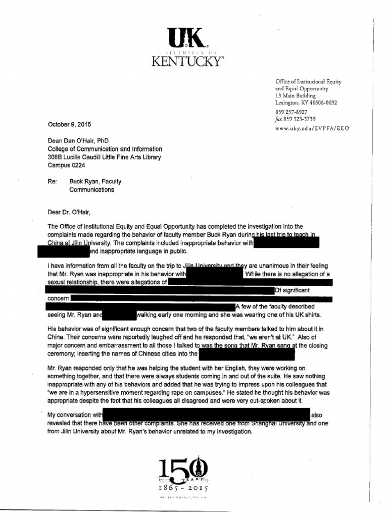 University of Kentucky letter recommending sanctions against Prof. Buck ...