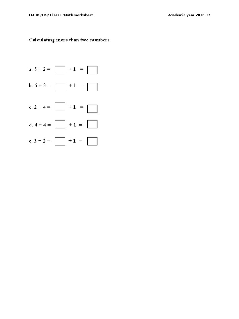 Calculating More Than Two Numbers:: LMOIS/CIS/ Class I /math Worksheet ...