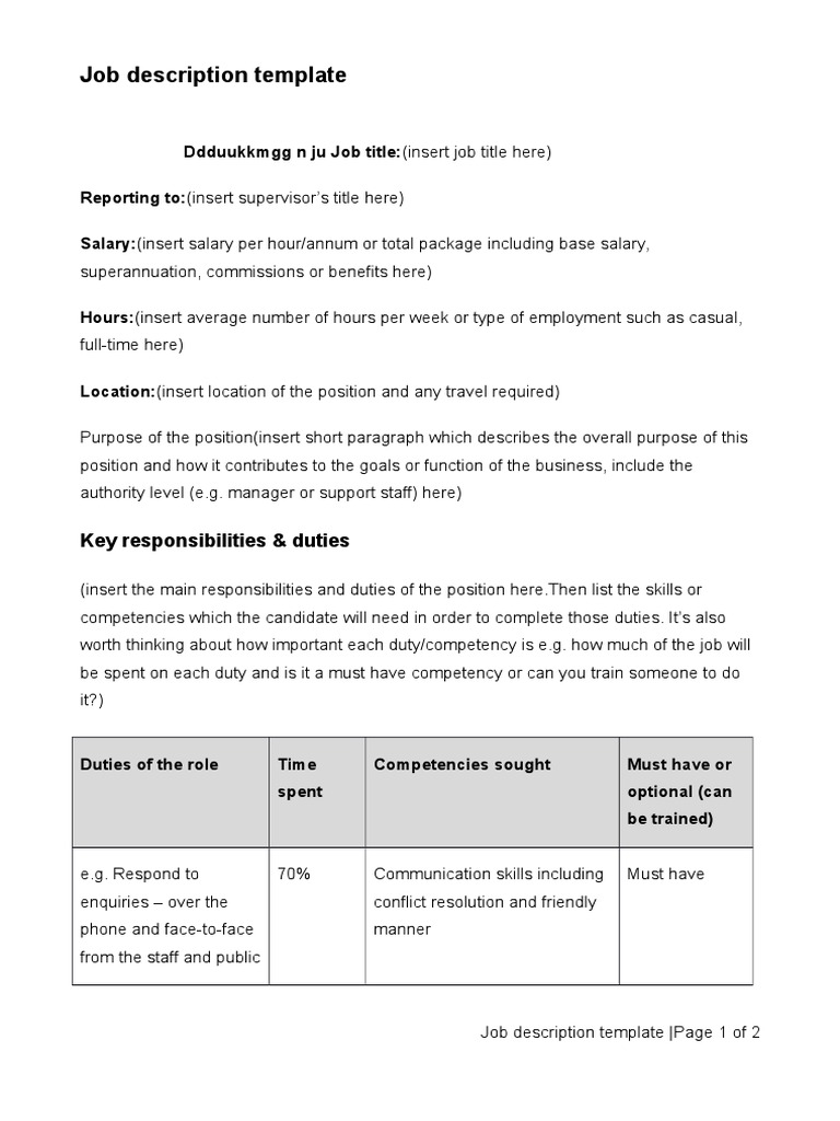 Job Description Template: Key Responsibilities & Duties | PDF