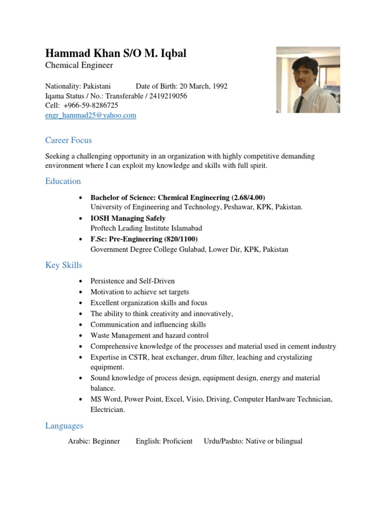 Chemical Engineer CV. | PDF | Pollution | Cement