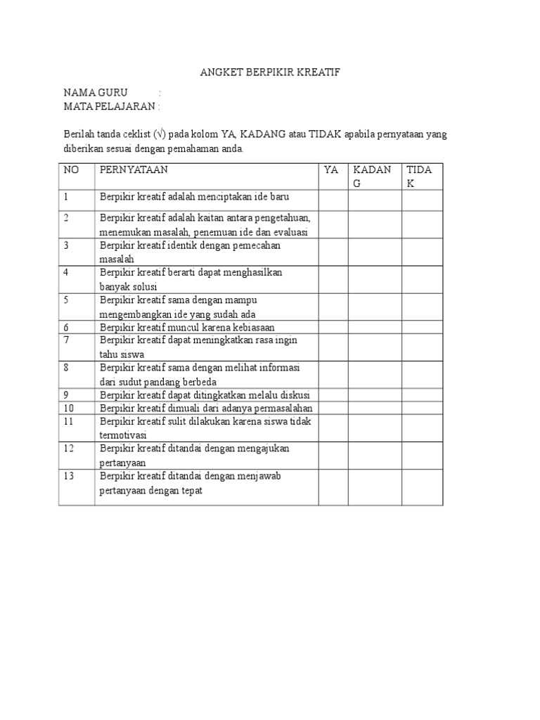 Contoh Angket Berpikir Kreatif Guru