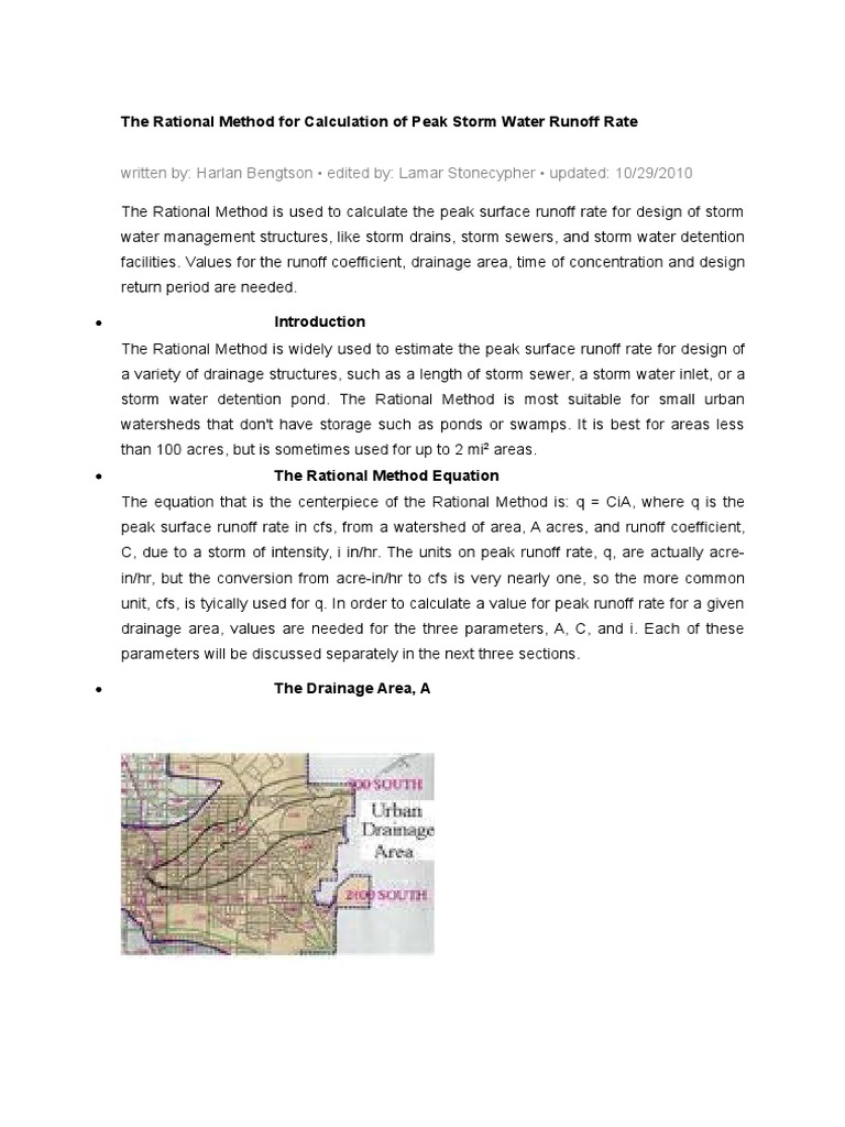 The Rational Method For Calculation Of Peak Storm Water Runoff Rate