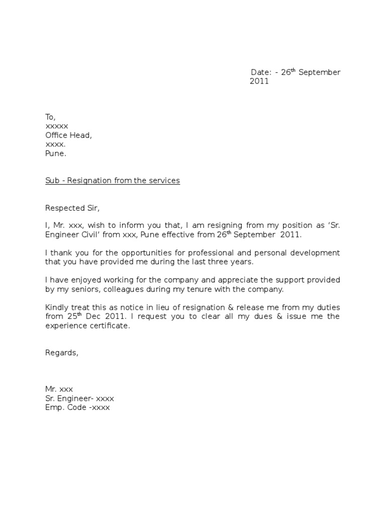 Resignation Letter Format For Civil Engineer