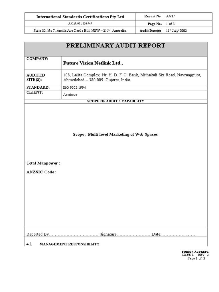 Preliminary Audit Report: Future Vision Netlink LTD. | PDF