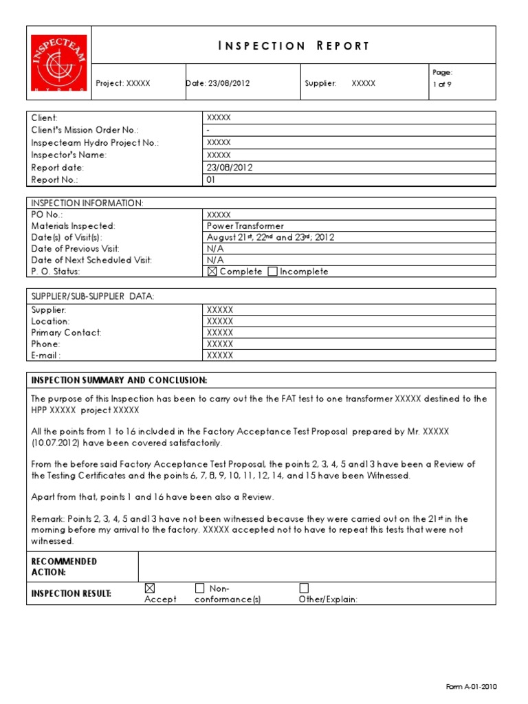 Inspection Report Electrical Power Transformer | PDF | Engineering ...