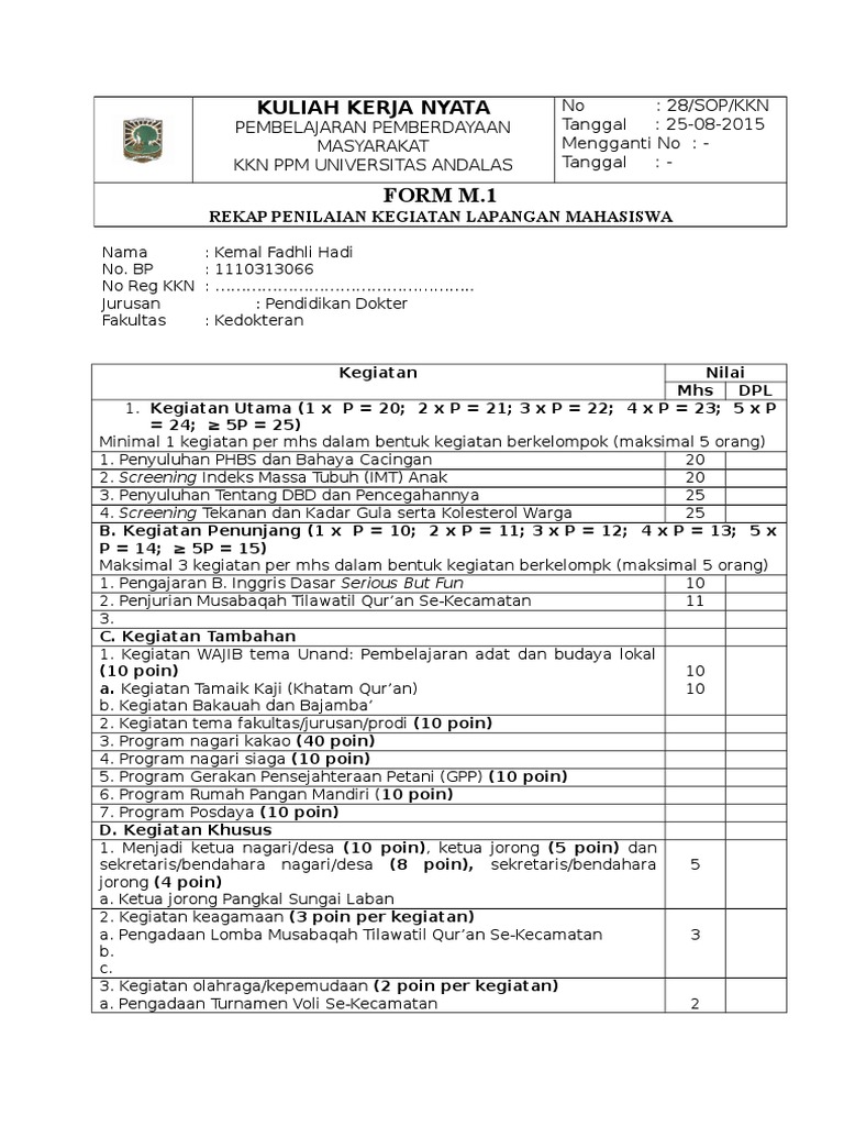 Form M.1 (Lembar Rekap Penilaian Kegiatan Lapangan Mahasiswa) | PDF