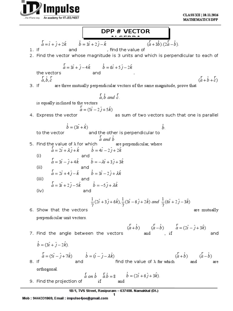 Xii Dpp 1 Maths Vector Algebra Straigth Line 10 11 2016 Pdf Line Geometry
