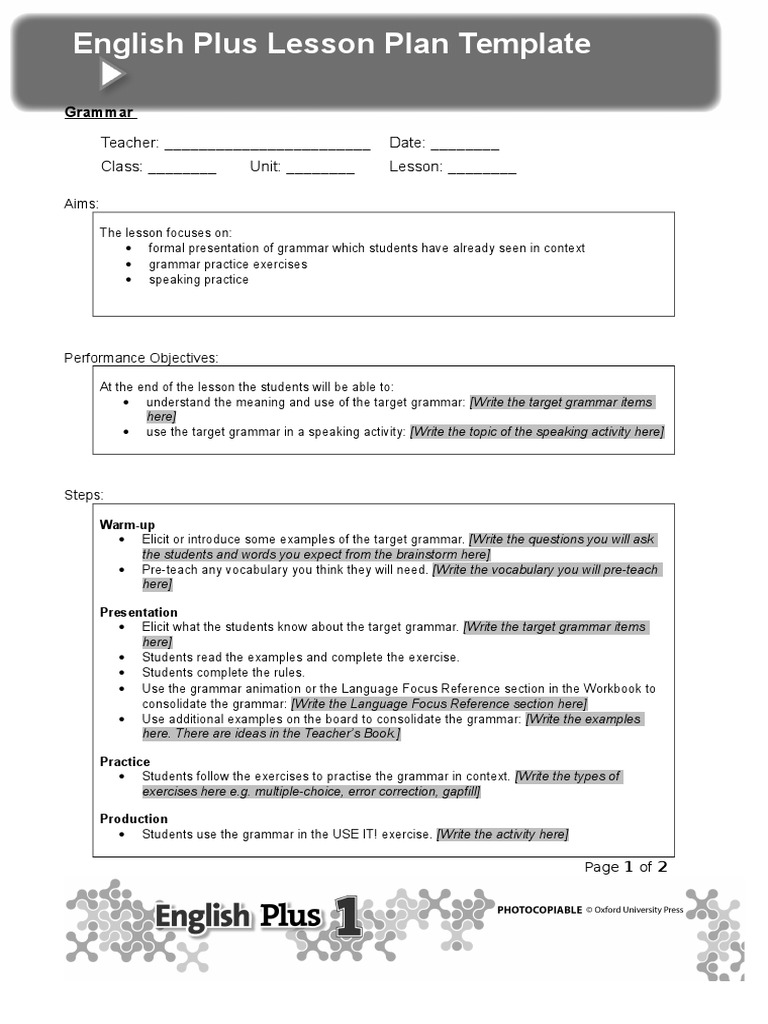 English Plus Lesson Plan Template | PDF | Lesson Plan | Grammar
