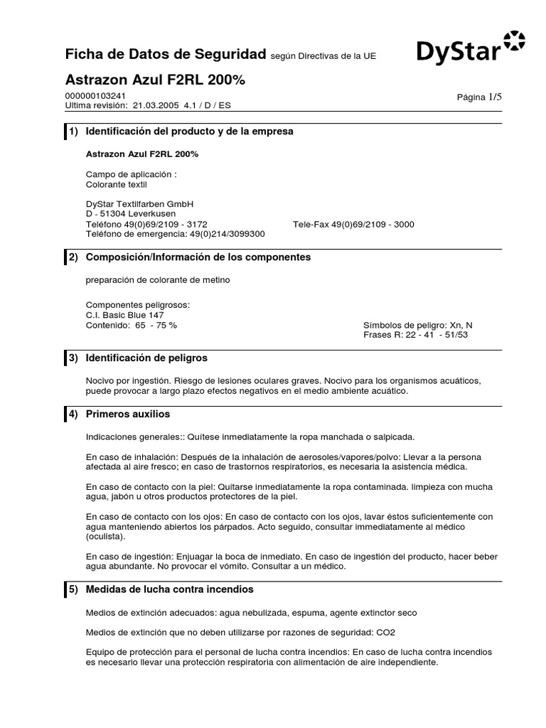 Ficha de Datos de Seguridad Astrazon Azul f2rl 200% | PDF | Agua | Residuos