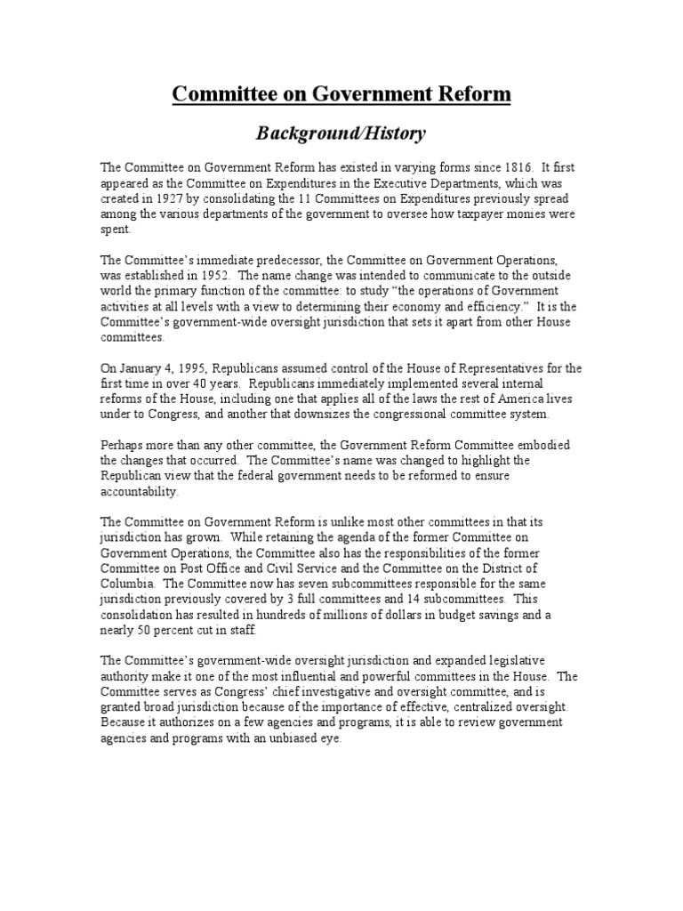 Committee On Government Reform: Background/History | PDF | United ...