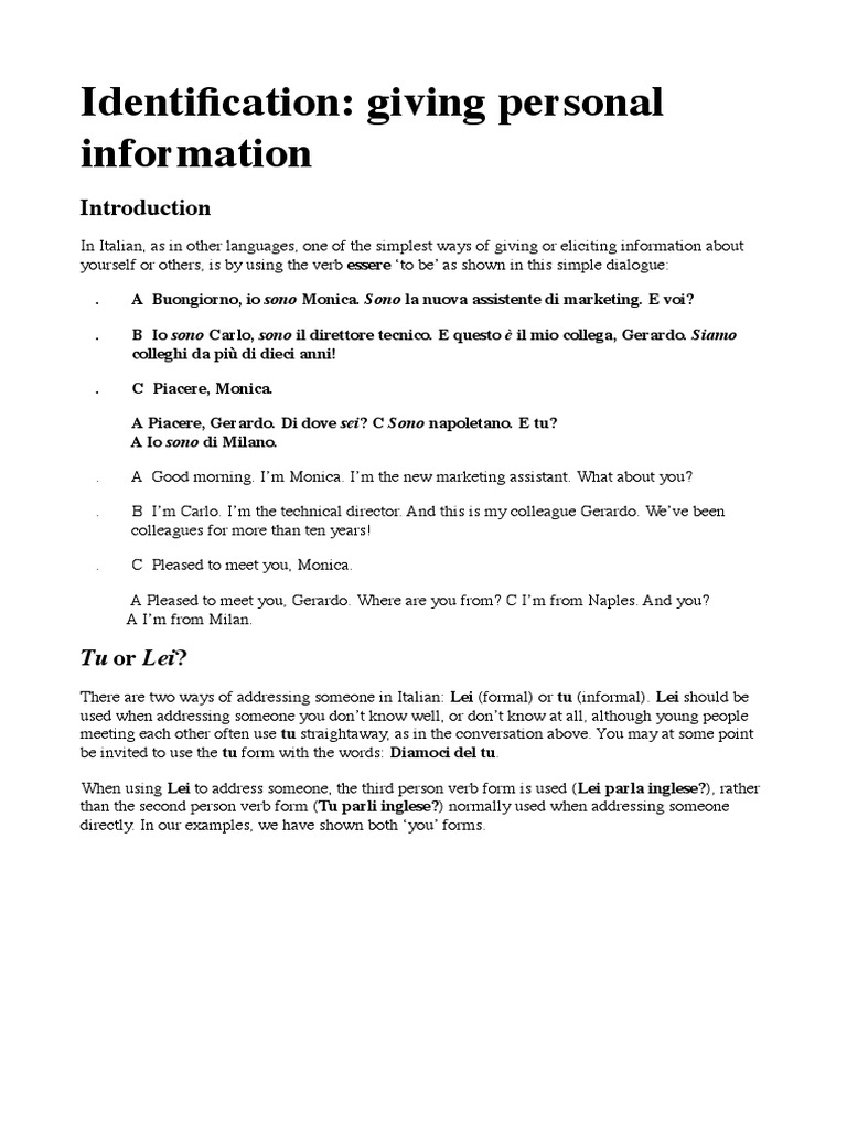 Giving personal information in Italian | PDF | Italian Language | Style ...