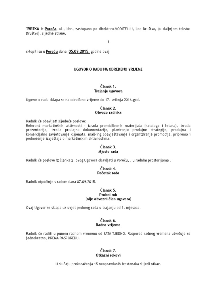 Ugovor o Radu Na Određeno | PDF