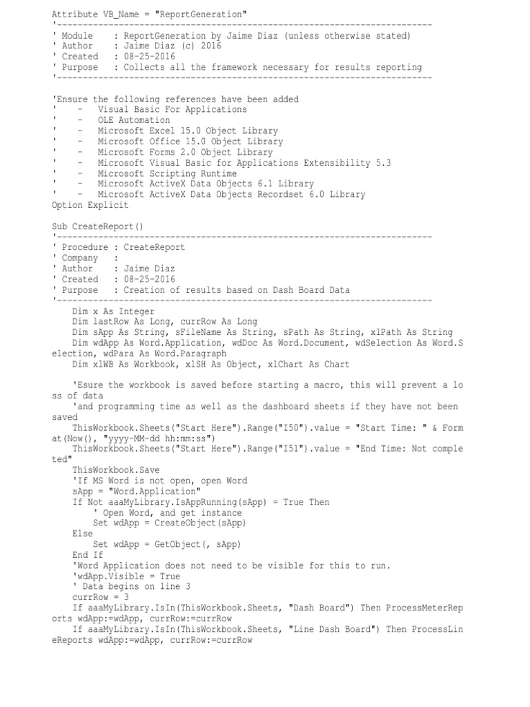 Report Generation | PDF | Visual Basic For Applications | Microsoft Excel