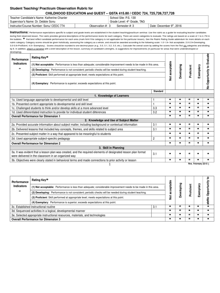 lesson 3 observation rubric | Rubric (Academic) | Lesson Plan