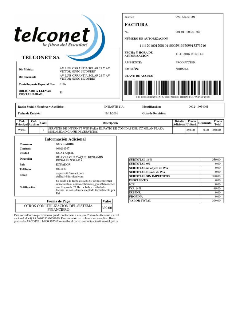 Factura de servicio de internet wifi para CC Milan Plaza | PDF