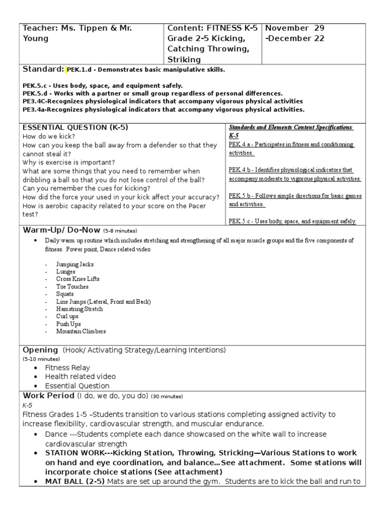 Teacher: Ms. Tippen & Mr. Young Content: FITNESS K-5 Grade 2-5 Kicking ...