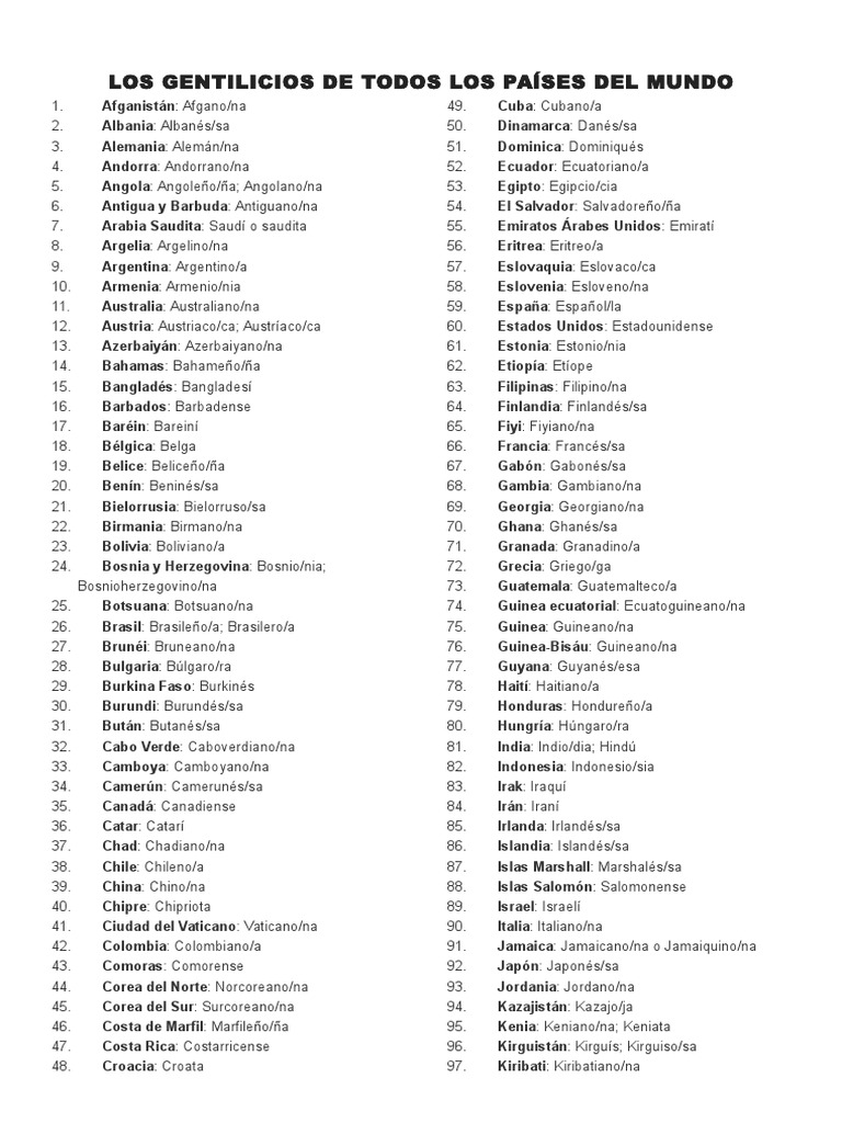Gentilicios de Todos los Países | PDF | Idiomas | Artes del Lenguaje y ...