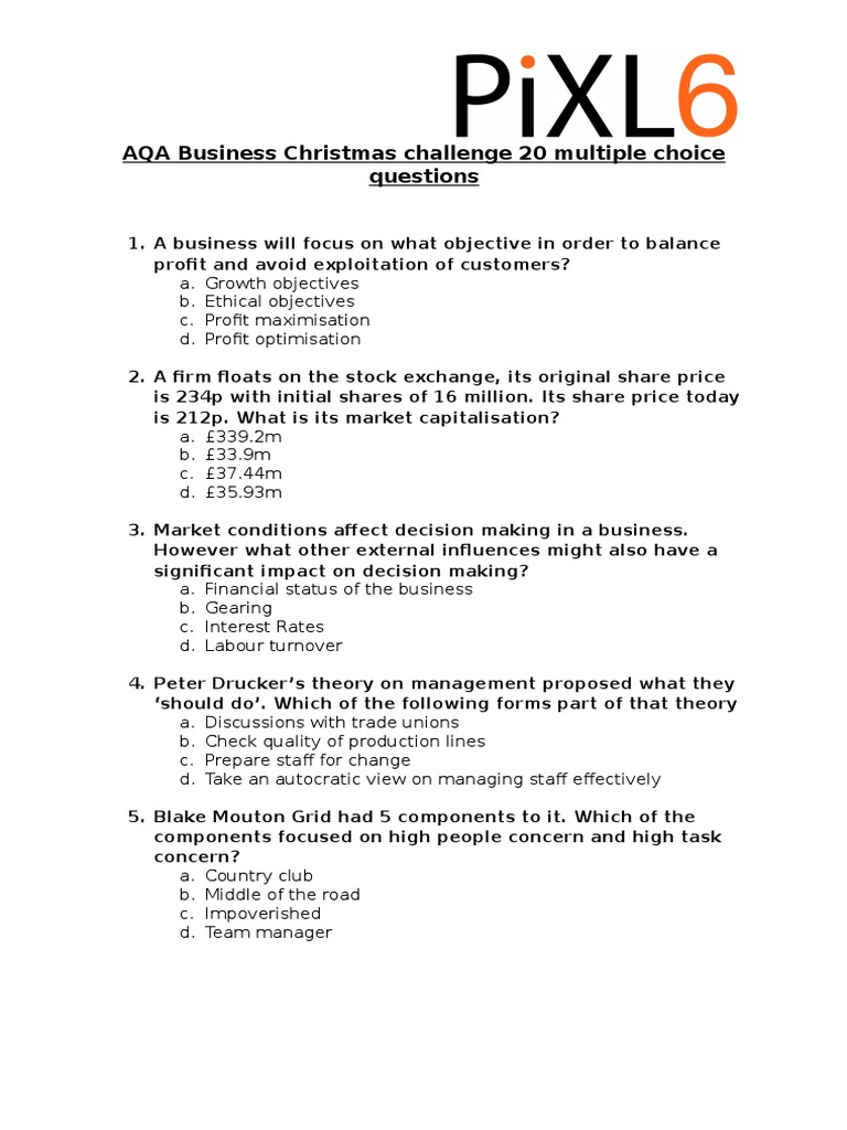 Aqa Business Christmas Challenge 20 Multiple Choice Questions | PDF ...