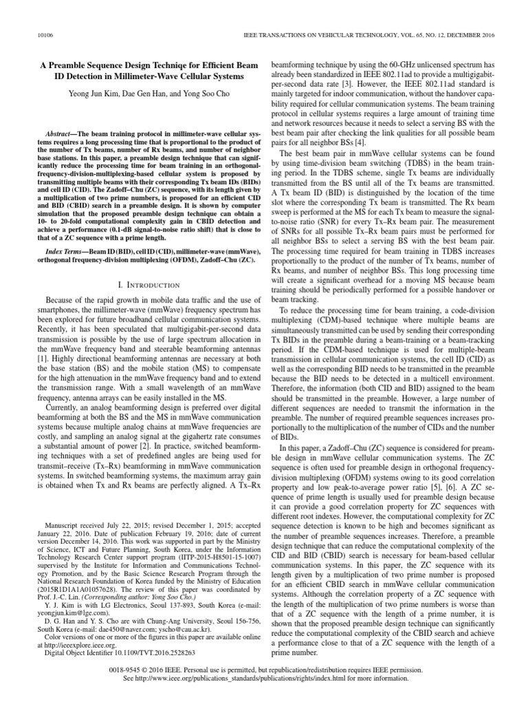 A Preamble Sequence Design Techniqe For Efficient Beam Id Detection In Millimeter Wave Cellular