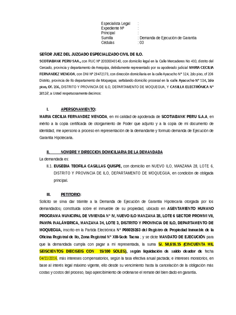 DDA. - EJEC. GARANTIA-ILO - Eusebia Teofila Casillas Quispe | PDF | Ley común | Virtud