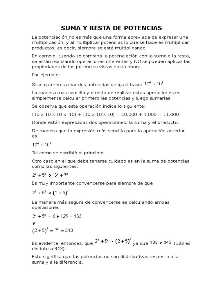 Suma y Resta de Potencias | PDF | Exponenciación | Multiplicación