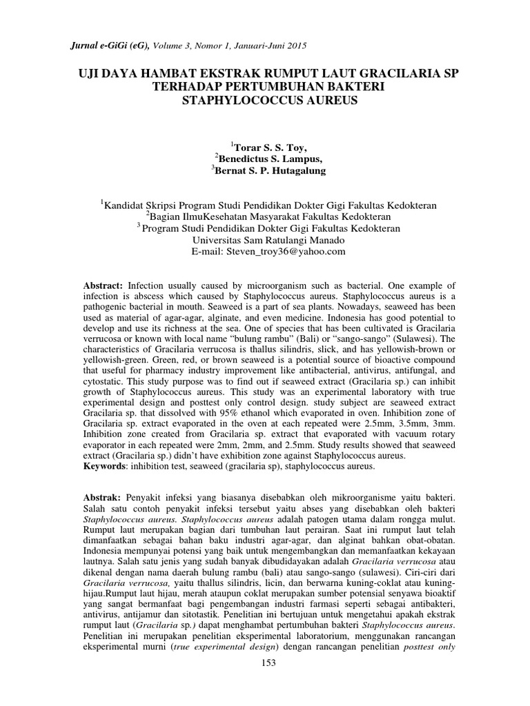 Uji Daya Hambat Ekstrak Rumput Laut Gracilaria SP Terhadap Pertumbuhan Bakteri Staphylococcus ...