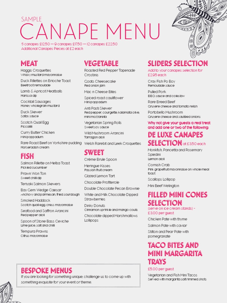 Canape Menu: Meat Vegetable Sliders Selection | PDF