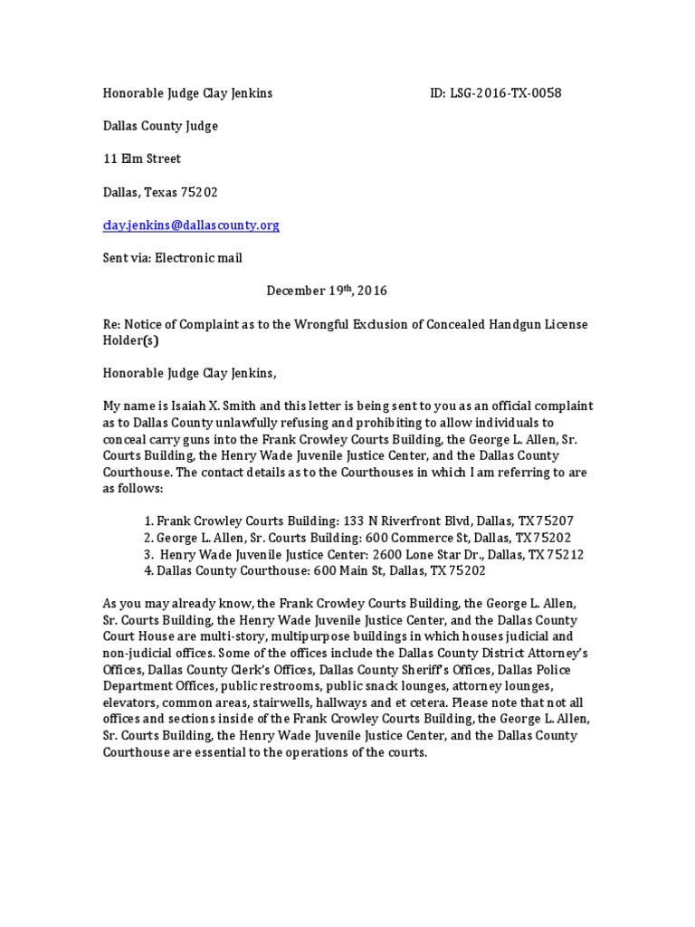 Letter To The Dallas County Judge Reg. The Wrongful Exclusion of Concealed Handgun License ...