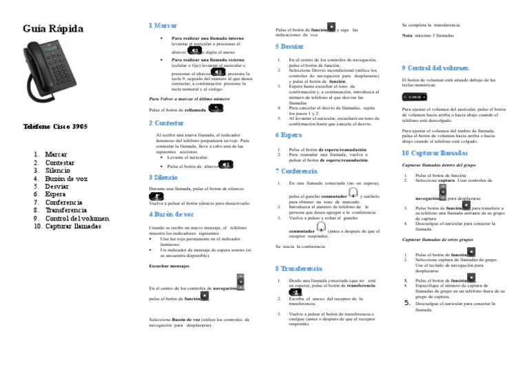 Guía Cisco 3905: Funciones Básicas | PDF | Teléfono | Mensaje de voz
