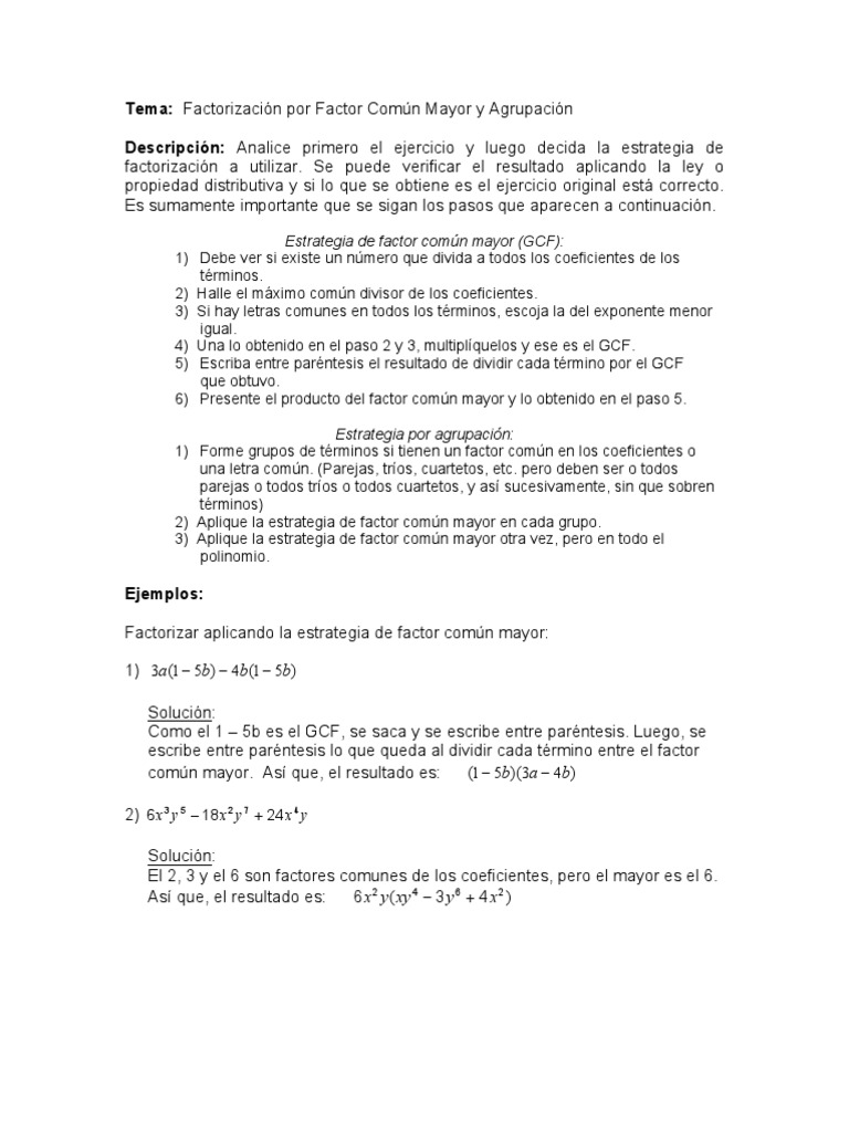 Factor Comun Mayor Y Agrupacion | PDF | Factorización | Álgebra abstracta