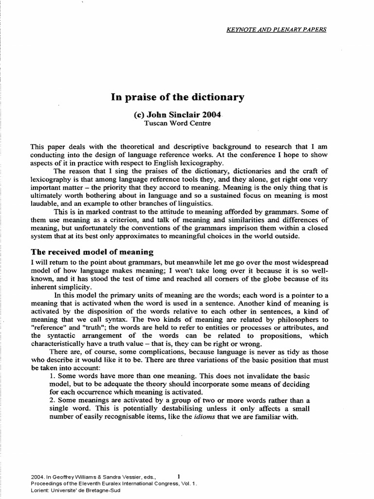 Sinclair - in Praise of The Dictionary - Euralex 2004 | PDF ...