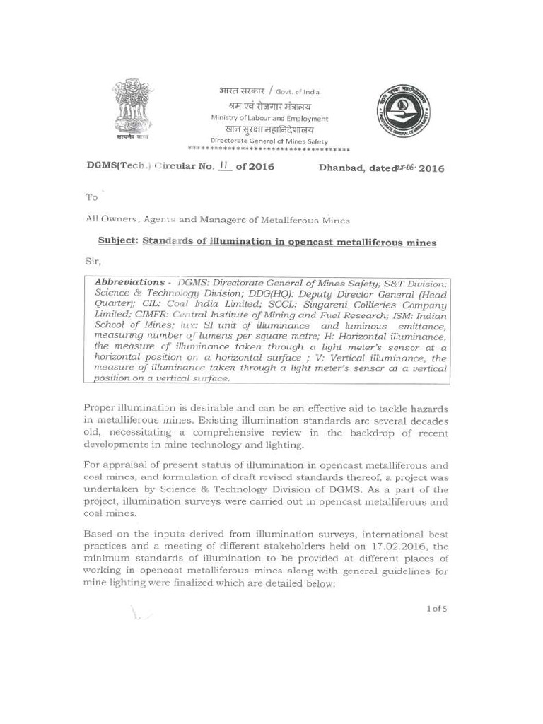 DGMS Circular 11 of 2016 | PDF