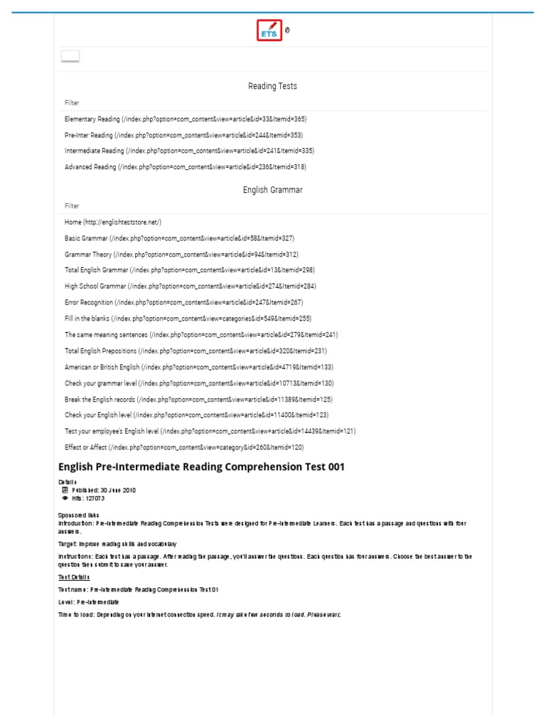 English Pre-Intermediate Reading Comprehension Test 001 - 2 | PDF ...