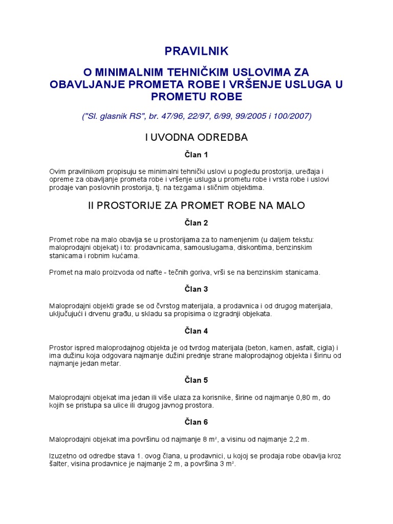 Pravilnik o Minimalnim Tehnickim Uslovima Za Obavljanje Prometa Robe I ...