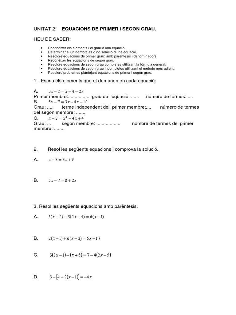 Equacions de Primer I Segon Grau | PDF