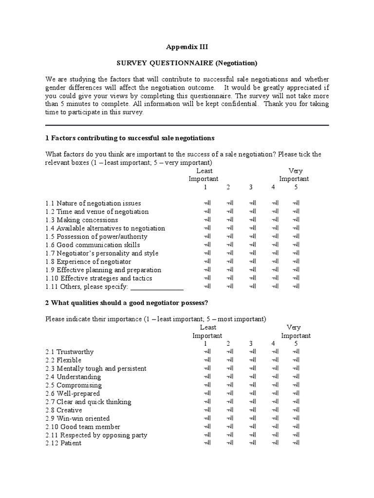 Survey on Sale Negotiation Factors | PDF | Business