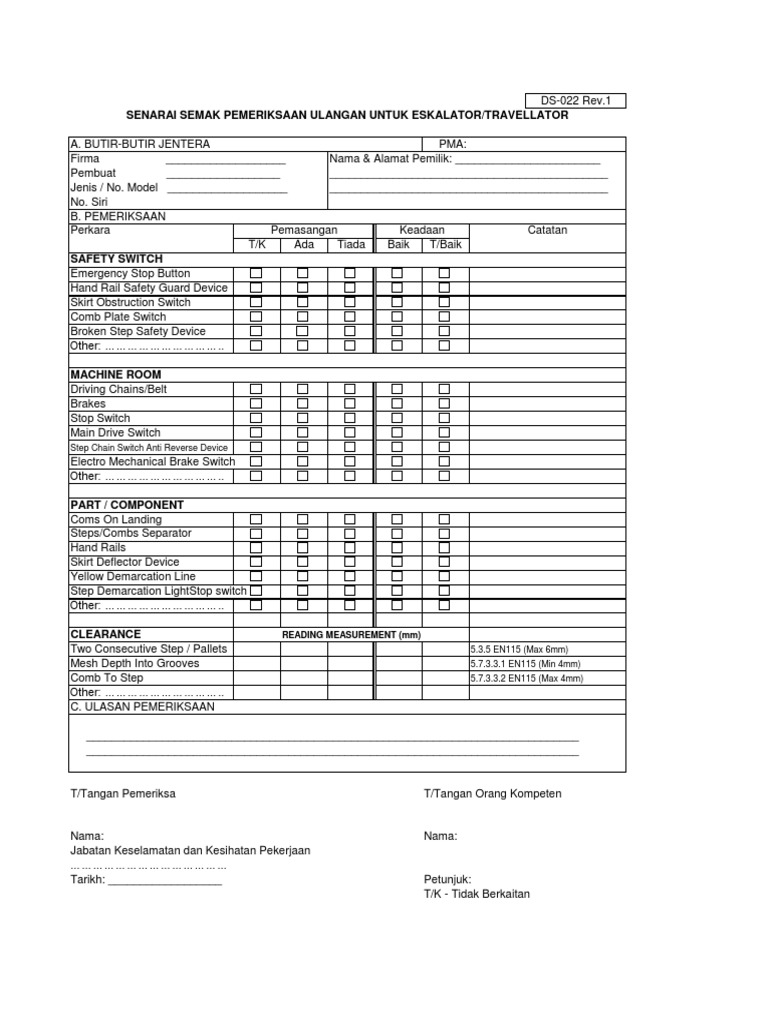 Inspection Checklist for Escalator/Travellator Routine Testing ...