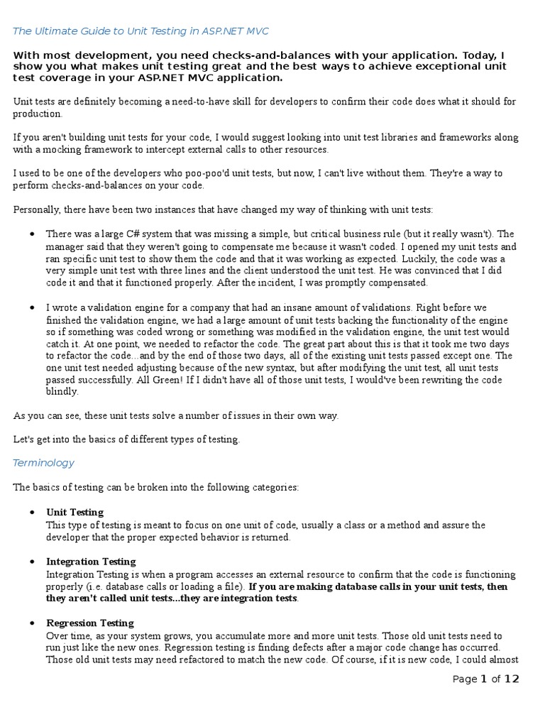ASP.NET MVC Unit Testing Guide | PDF | Unit Testing | Model–View–Controller
