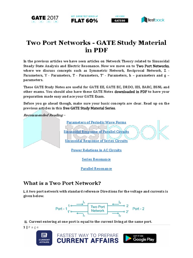 Two Port Networks - GATE Study Material in PDF | PDF | Series And ...